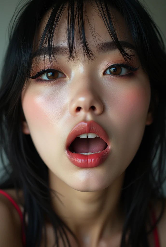 A close-up shot of the open mouth of a japanese woman, slim face ...