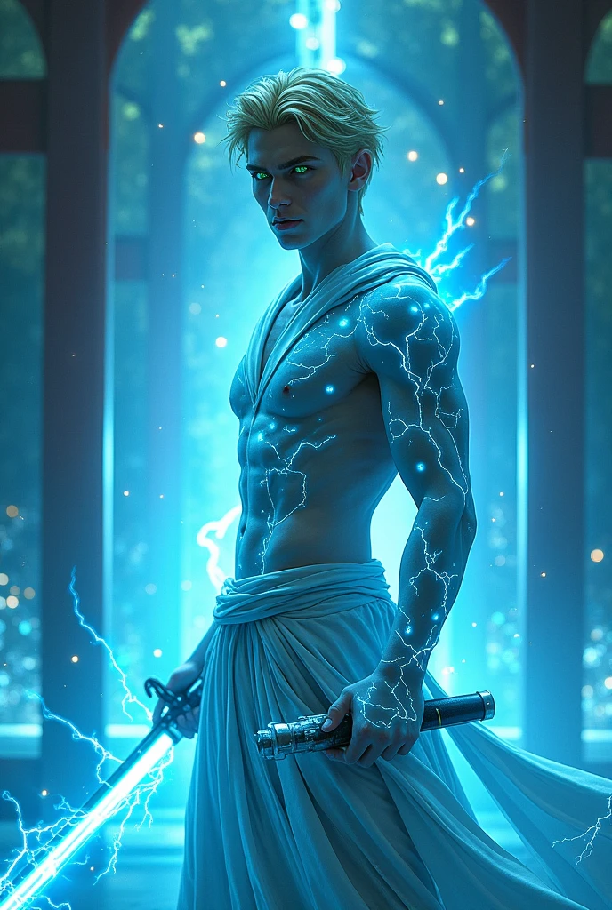 Male light elf, pale white skin, short blonde hair, fit, glowing green ...