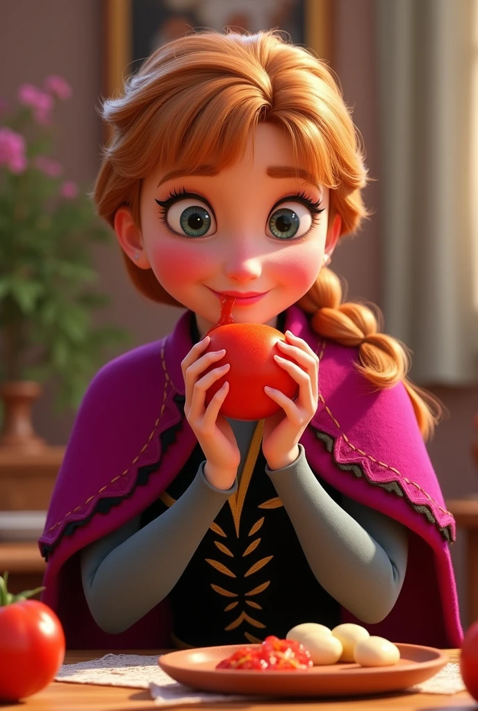 Make anna from frozen eating tomato - SeaArt AI