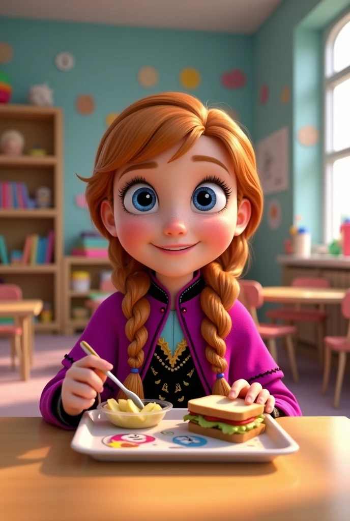 Make anna from frozen eating lunch at kinder garden - SeaArt AI