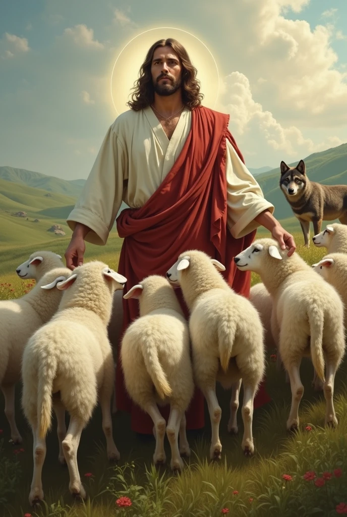 Jesus in front of the sheep, protecting them from the wolves - SeaArt AI