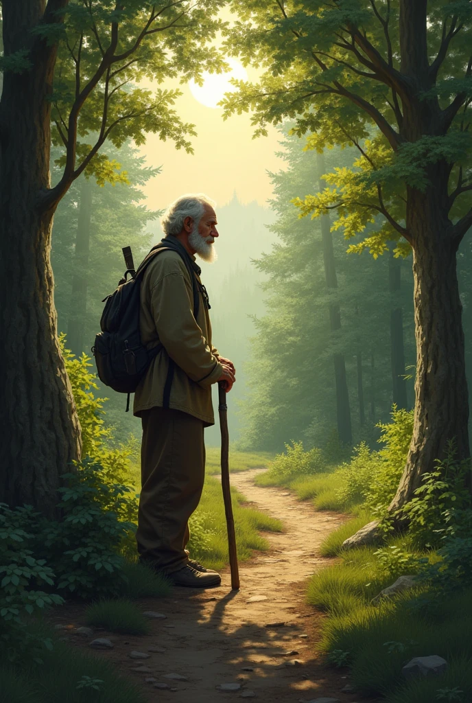 Old man standing in front of a trail with two paths - SeaArt AI
