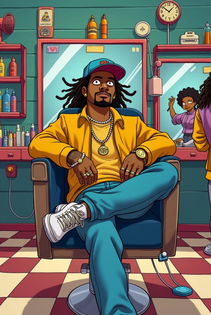Draw a rapper's boyfriend in a hair salon in the style of the Simpsons ...