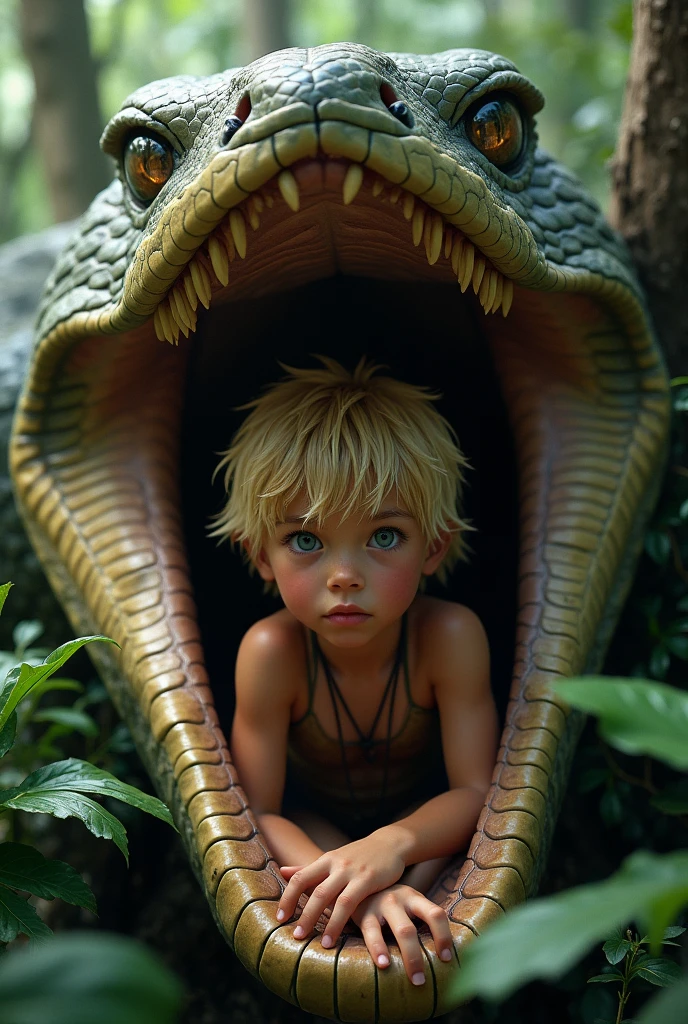 A blond Teen jungleboy looking Out of snake maw - SeaArt AI