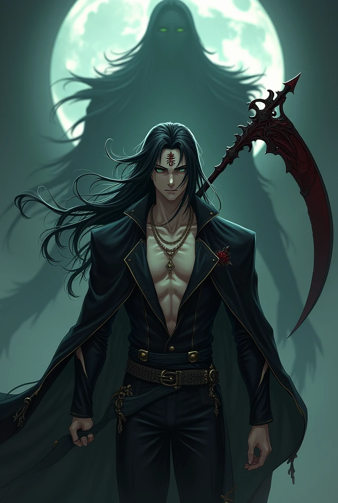 An anime man like death with horns handsome long black hair black ...