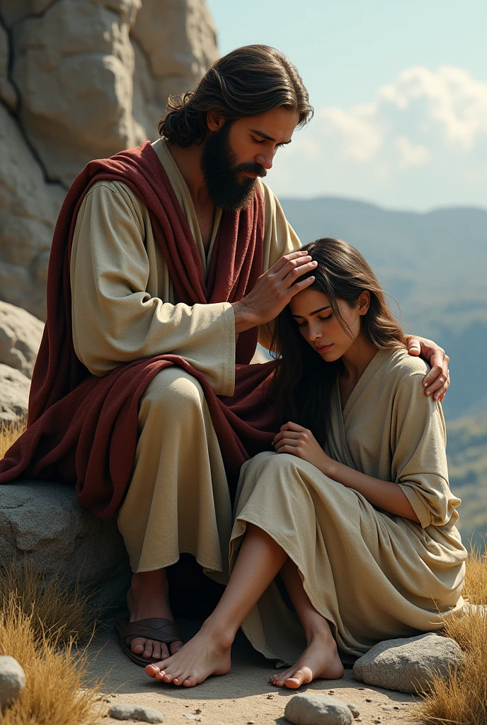 Realistic image of Jesus sitting on a rock with a woman with her head ...