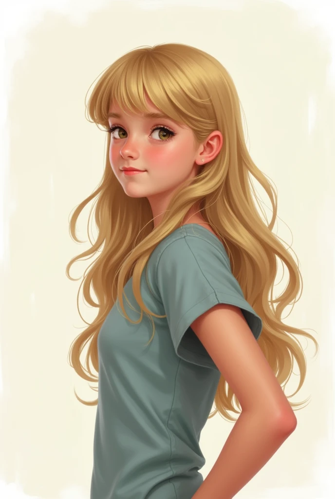 Girl aged 12 or , long blond hair with bangs, in a partial profile pose ...
