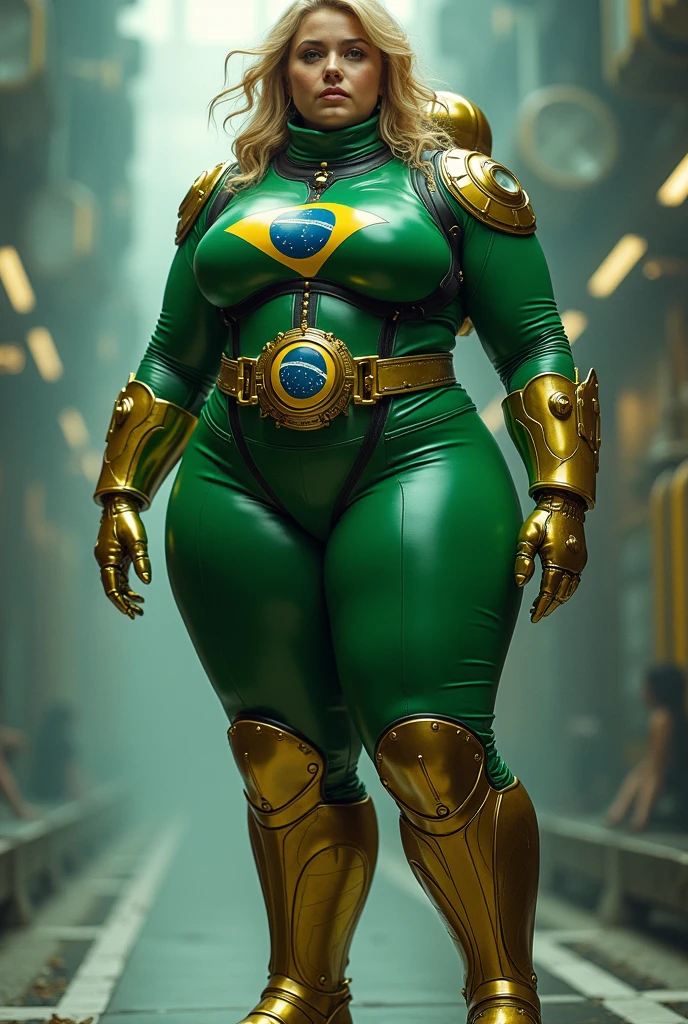 Full-bodied blonde woman , wearing green futuristic diving suit with ...