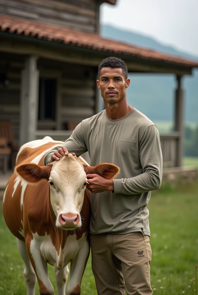 Cristiano Ronaldo is front of camera take care of cow in a farmhouse ...