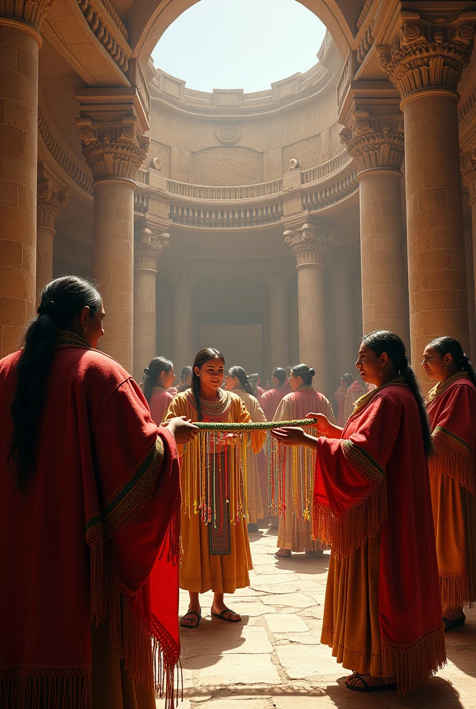 Incan scholars wearing colorful traditional robes, analyzing and ...