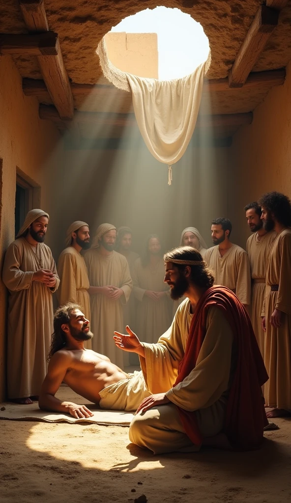 "A serene biblical scene depicting Jesus in a humble, ancient Middle ...