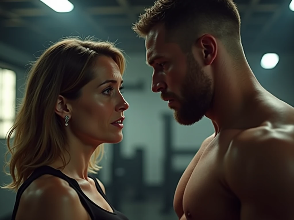 A beautiful white woman with fear in her 40s looks at a strong white ...