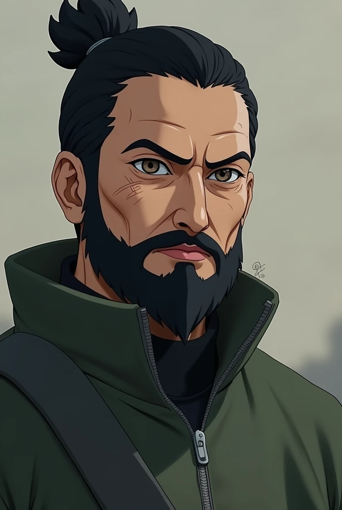 Shikamaru Nara with a beard and bun hair - SeaArt AI