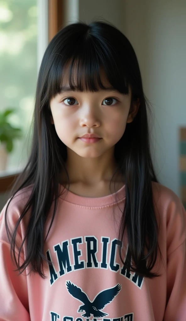 9歳の少女, 真っ直ぐな黒髪, フレンチバングを立てて、カメラを見つめている, アメリカンイーグルブランドの服, 超写実的な - SeaArt AI
