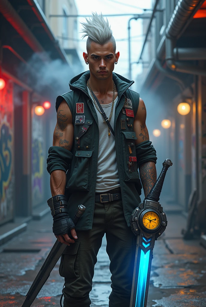 Black skin. On his wrist is a giant technological watch. in his hand a ...