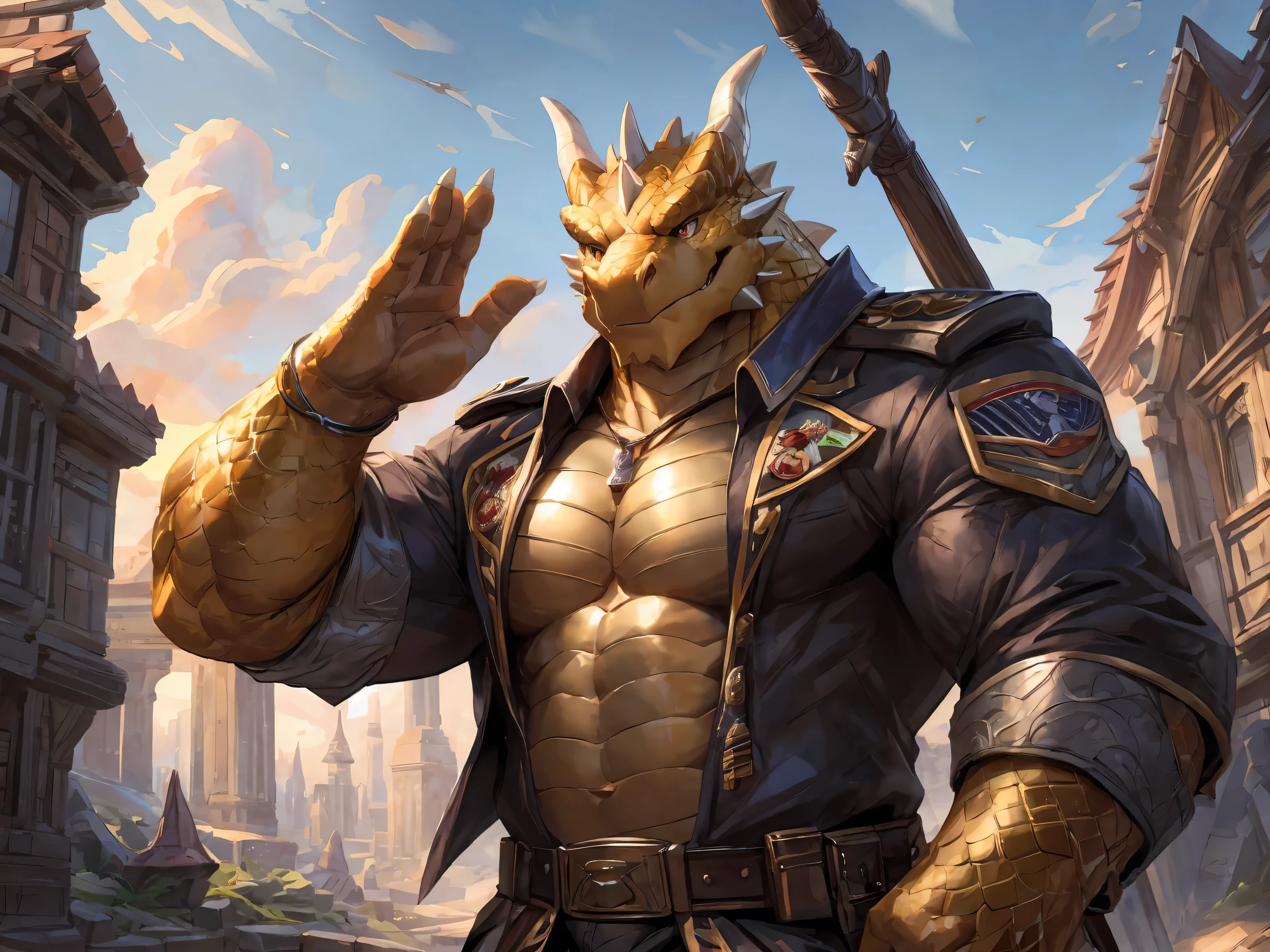 There is a man with a dragon head and a sword in his hand - SeaArt AI