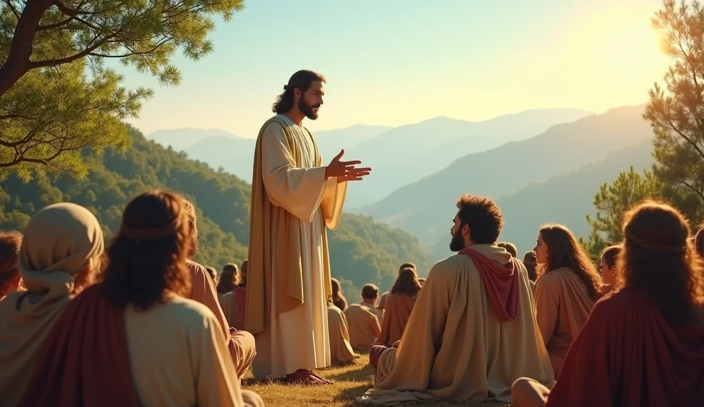 "Jesus preaching on a hill to a crowd sitting on the ground, with a ...