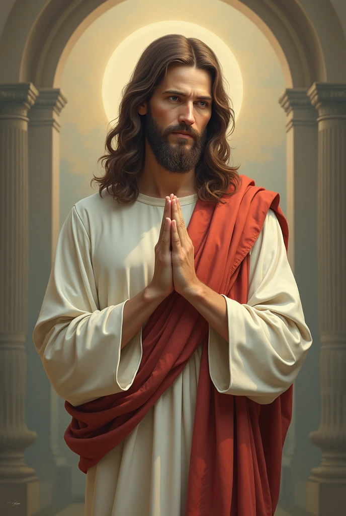 Jesus full body, standing, Adjusting hands in prayer - SeaArt AI