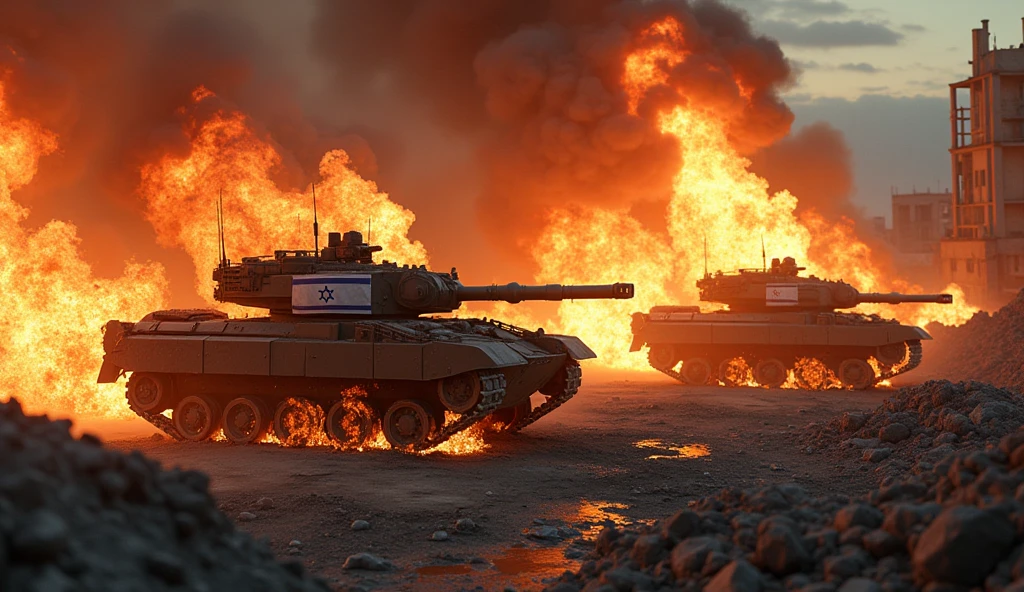 In gaza ground Israeli tanks burning with israeli flag 4k image - SeaArt AI