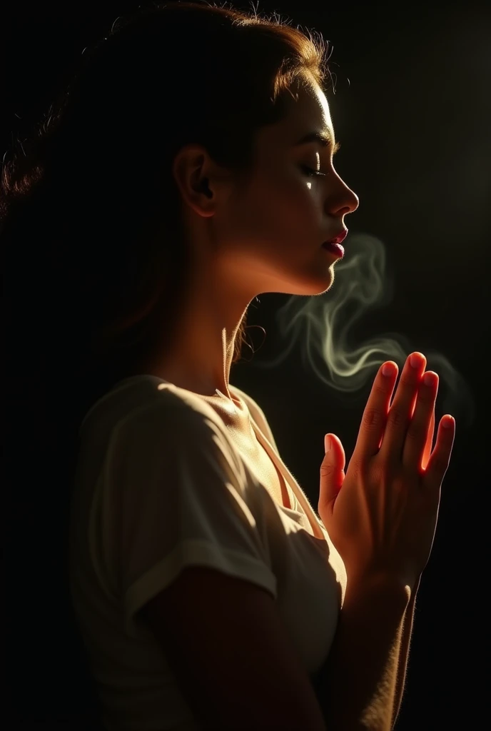 A detailed 4K image of a woman in a prayerful posture, positioned in ...