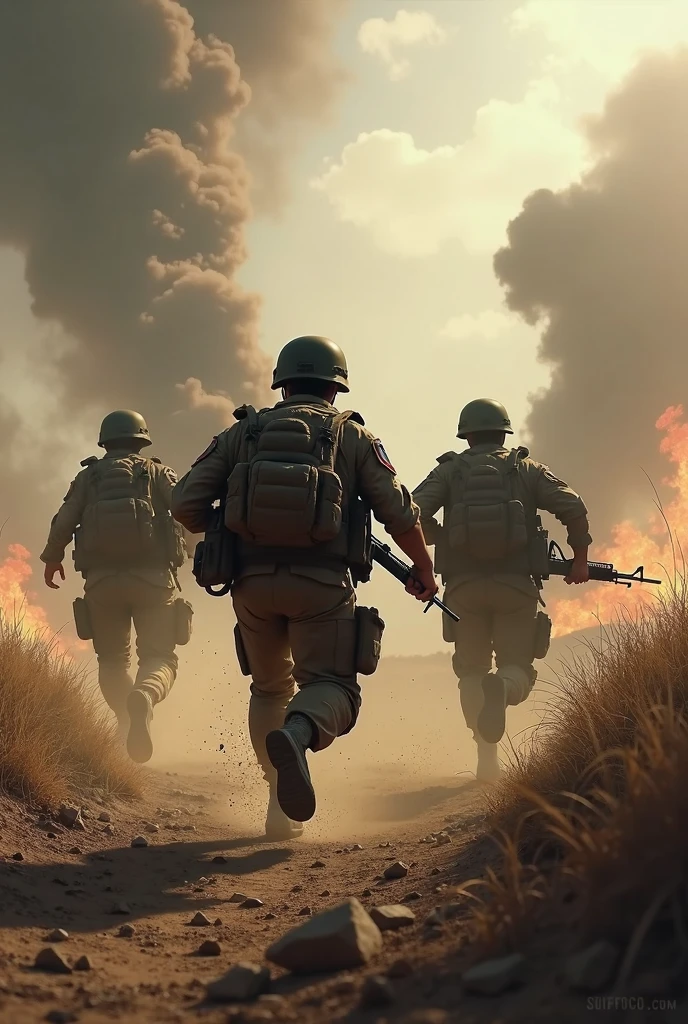 3 American soldiers, running from left to right, with their backs ...