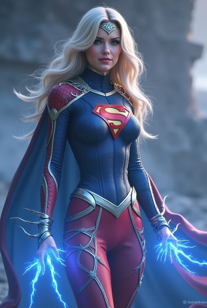 (((Symbiote Spiderman fusion Supergirl))),(((A beautiful woman with ...