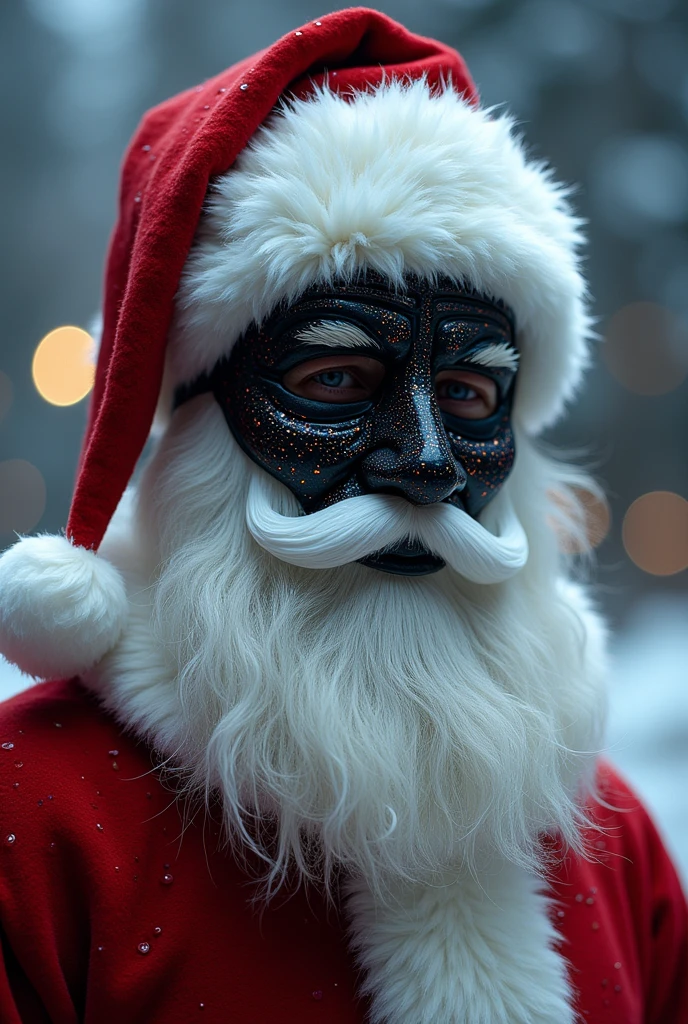 A Santa Claus mask combined with a hacker in a white hat. Modern colors ...