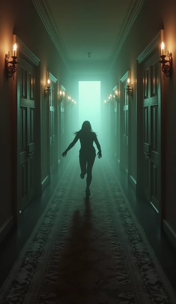 "A frantic figure running down a long, endless hallway with ornate ...