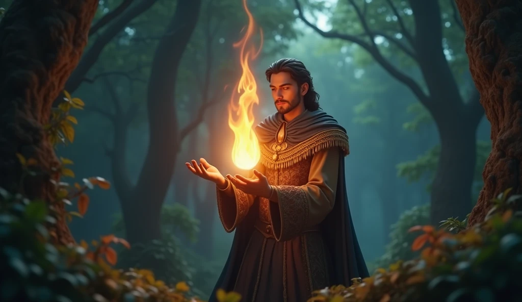 In 3D animation style:"A magical flame floating above the prince ...