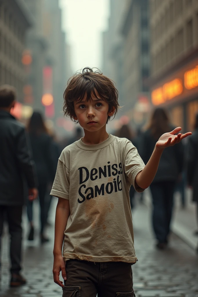 Poor homeless boy with Deniss Samoilov's t-shirt lettering asks rich ...