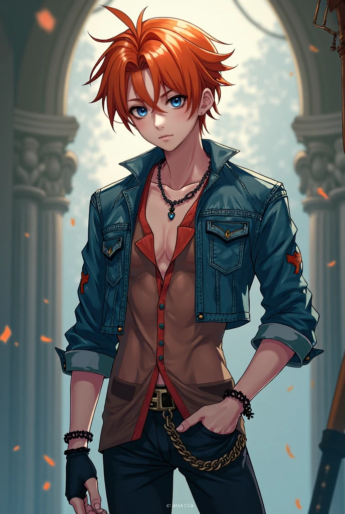 A quiet anime guy with cold and sharp green eyes represents orange hair ...