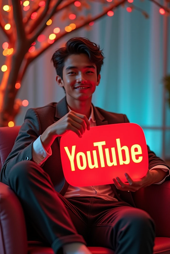 Make a youtube logo, a handsome boy who is 20 years old sitting in a ...