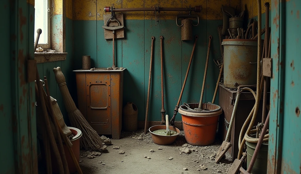 A janitor’s closet full of rusty tools, thick cobwebs, and an old mop ...