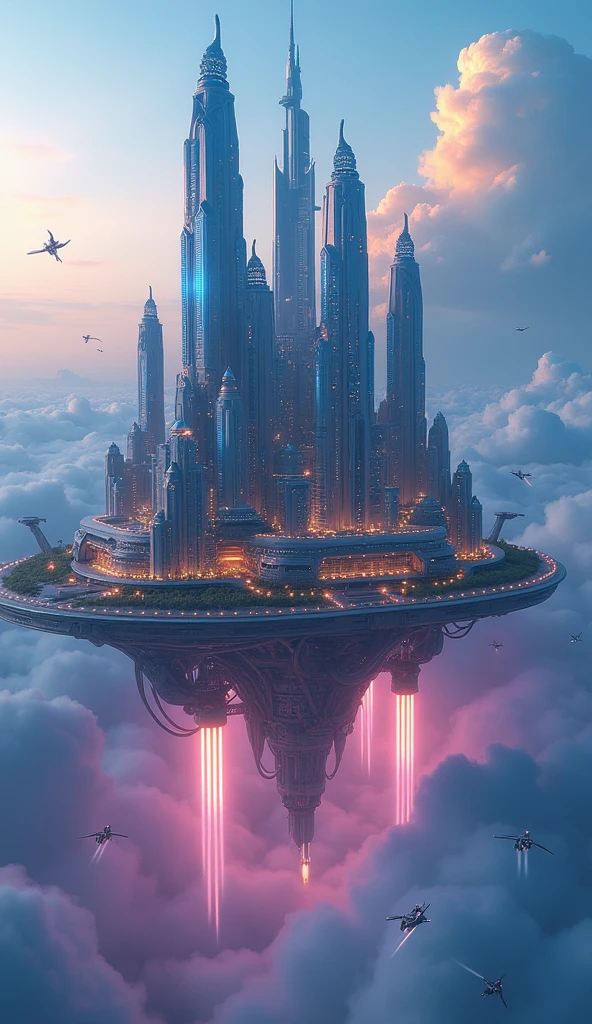 A floating city suspended above the clouds, glowing with neon lights in ...