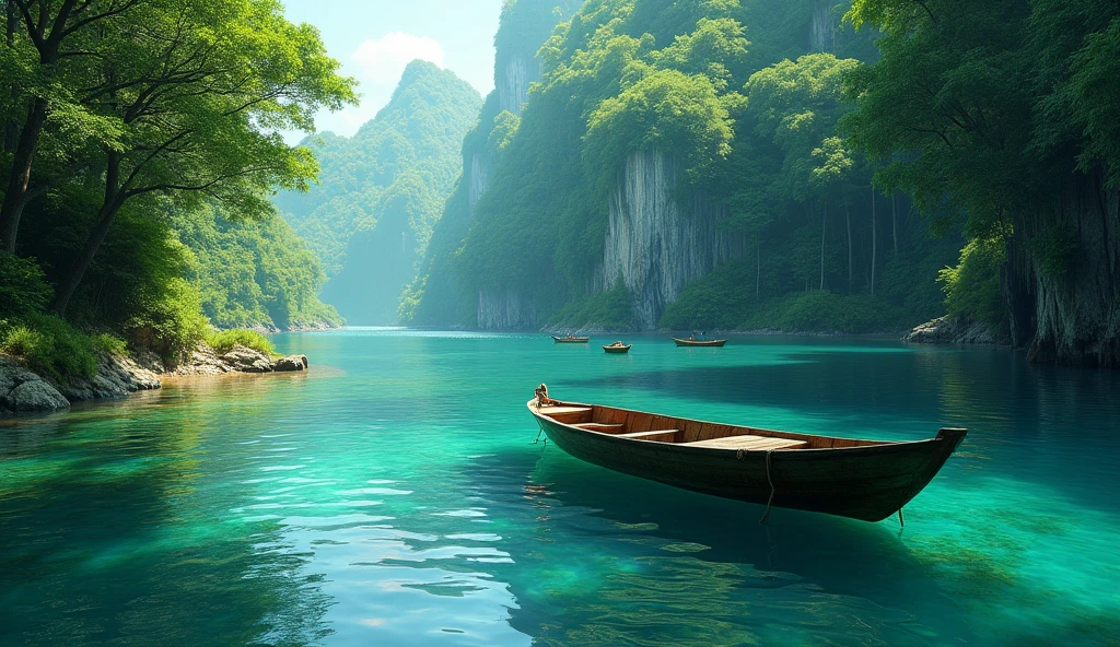 A boat that is sitting in the water, river with stunning water - SeaArt AI