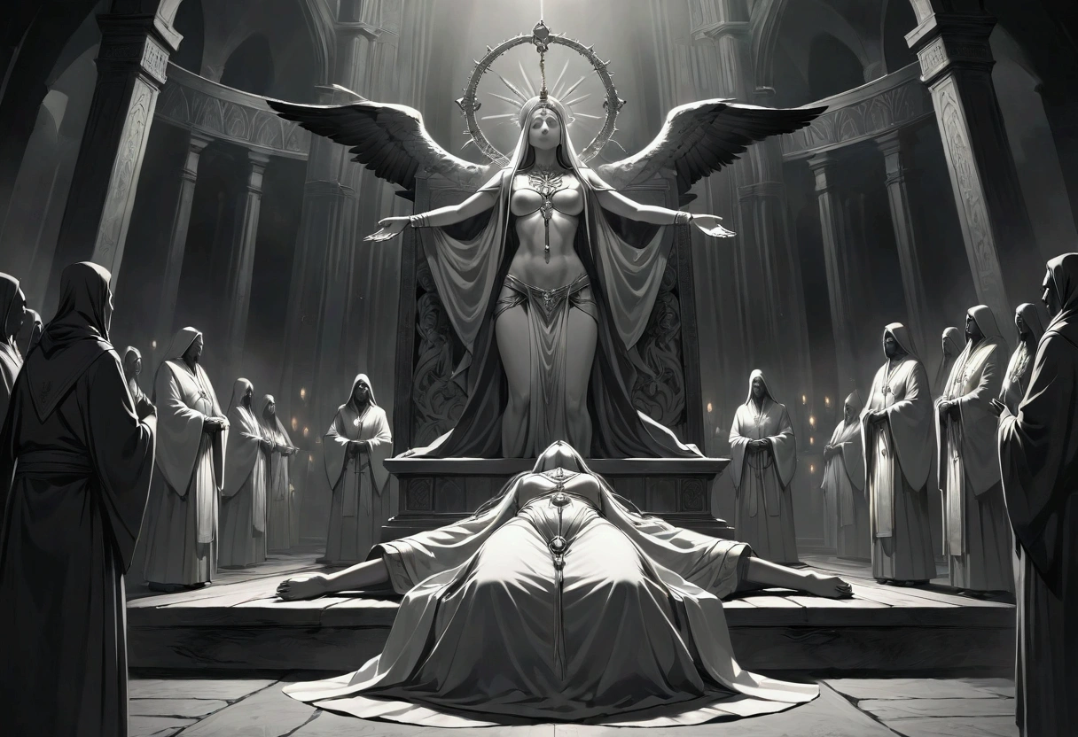 Intricate ritual, female sacrifice lying on altar, male priestess ...