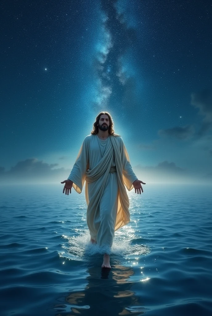 A detailed depiction of Jesus Christ walking on the calm surface of a ...
