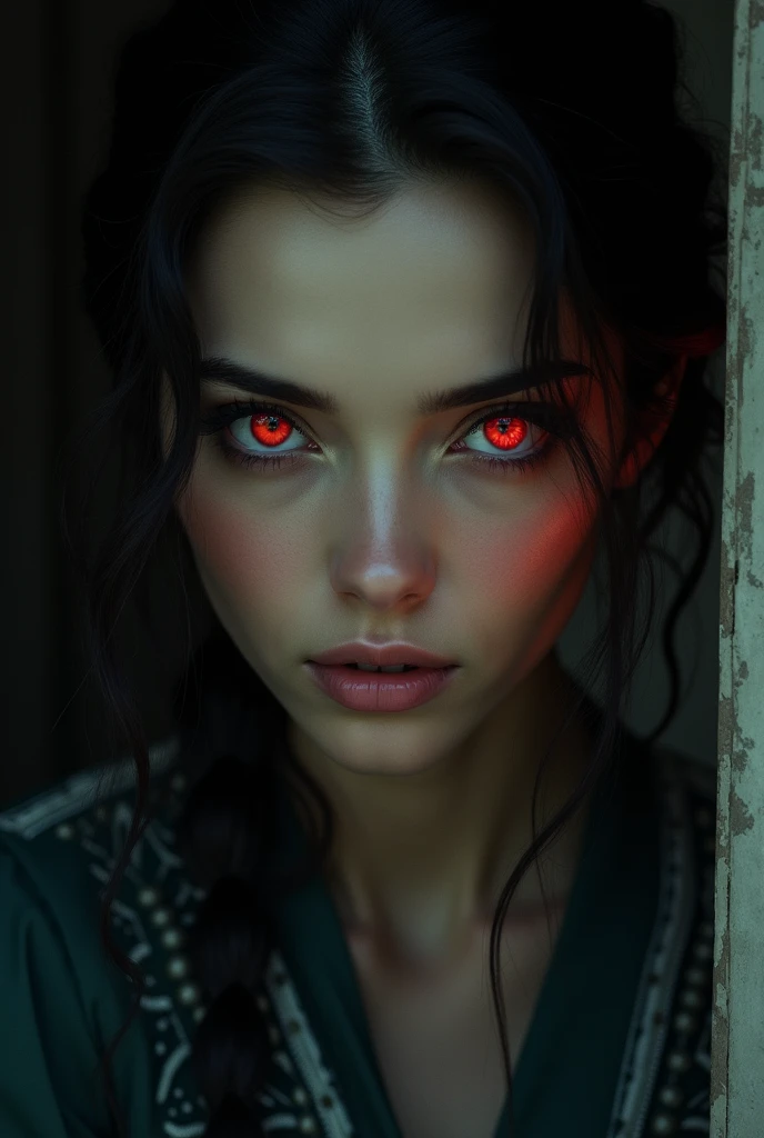 Slanted eyes, red, woman - SeaArt AI