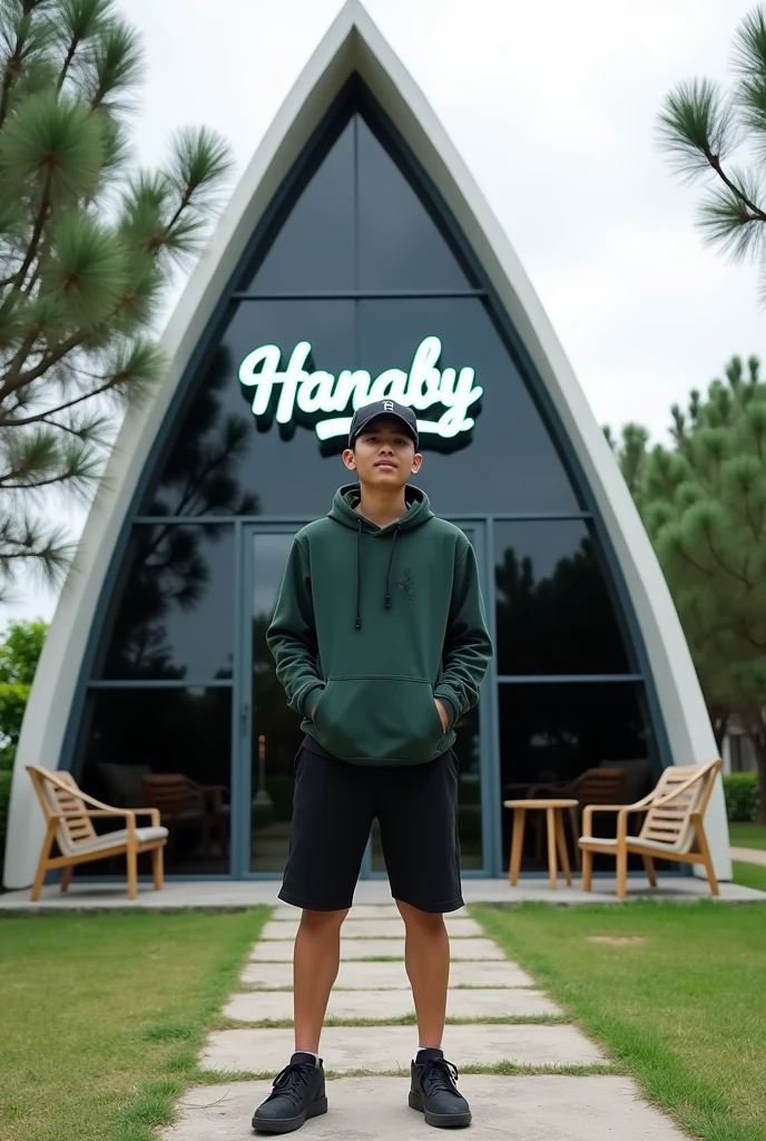 Indonesian man, 20 years Wearing a baseball cap, wearing a dark green ...