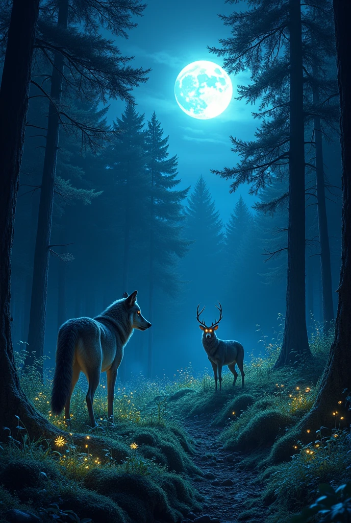 A dense, enchanted forest at night, with shimmering, bioluminescent plants and a - SeaArt AI