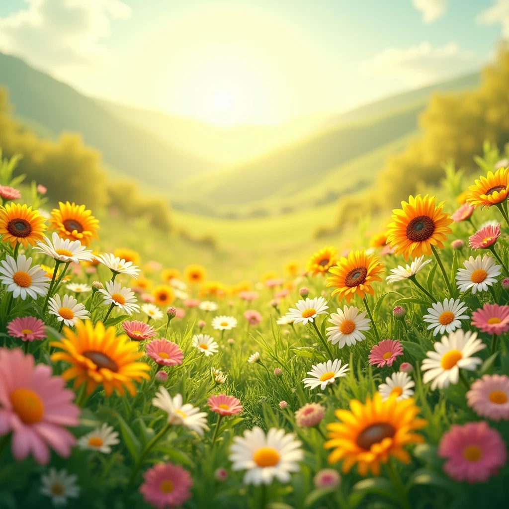 Nature scene,Blooming flowers like daisies, sunflowers - SeaArt AI