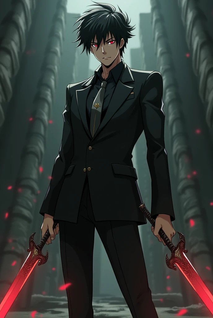Black-haired, red-eyed man wearing a black suit and two swords anime ...