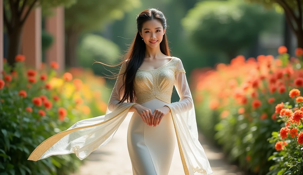 A full-body portrait of a 24-year-old Thai woman with long, flowing ...