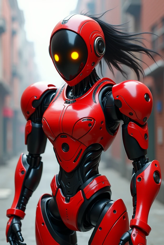 A ninja robot with bright red armor and helmet, strands of hair on the ...