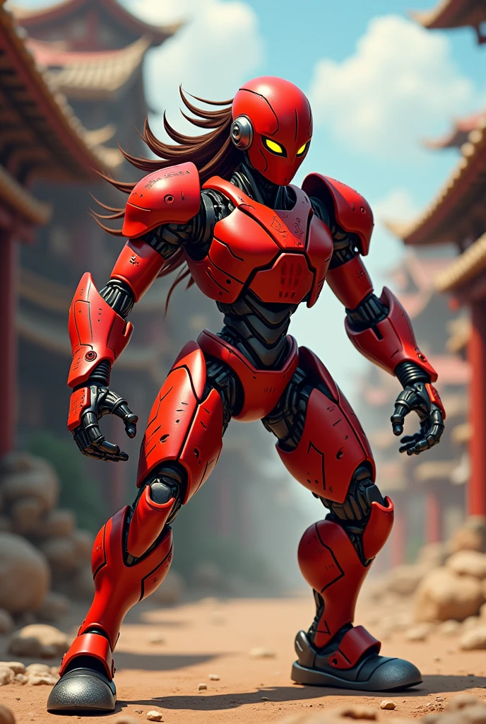 A ninja robot with bright red armor and helmet, strands of hair on the ...