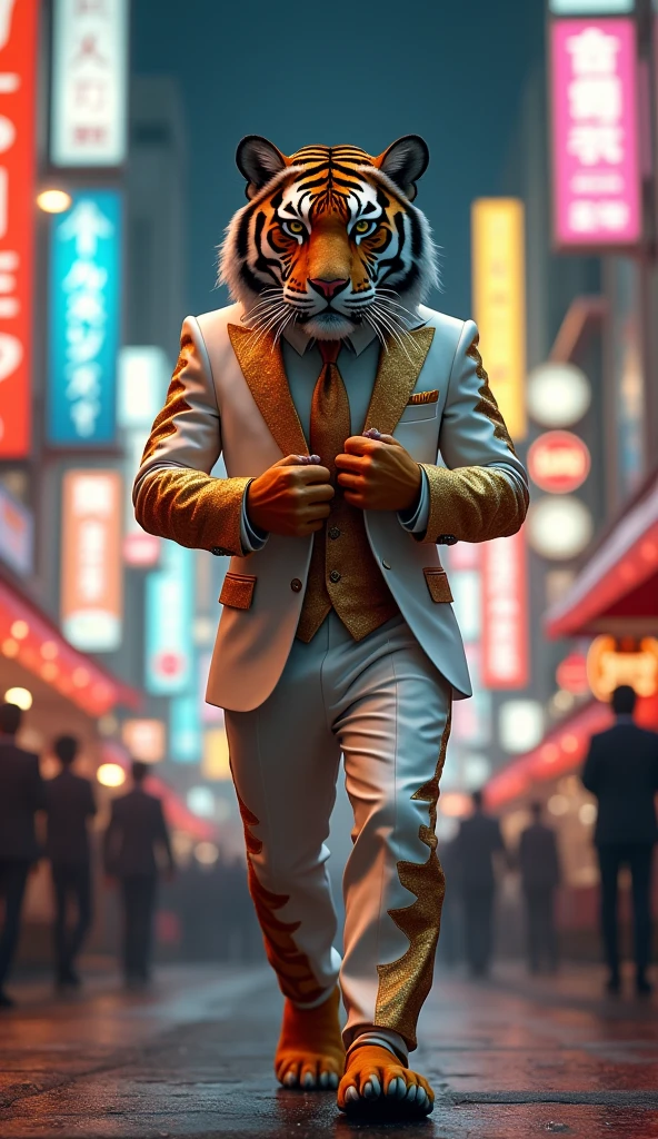 An imposing tiger strides down the bustling Dotonbori district in a ...