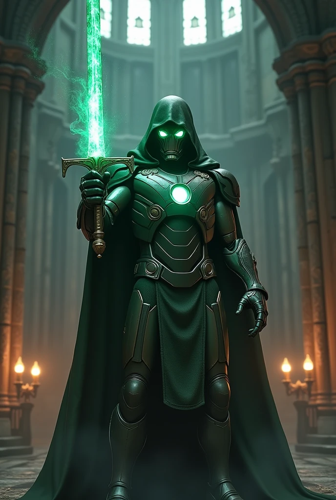 Dr doom with Ironman head and magical sword in dark castle 4k realistic ...