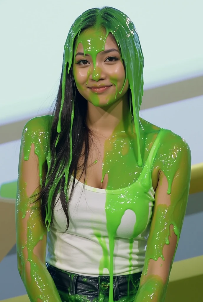Film photograph of pretty Asian girl covered in green slime ...