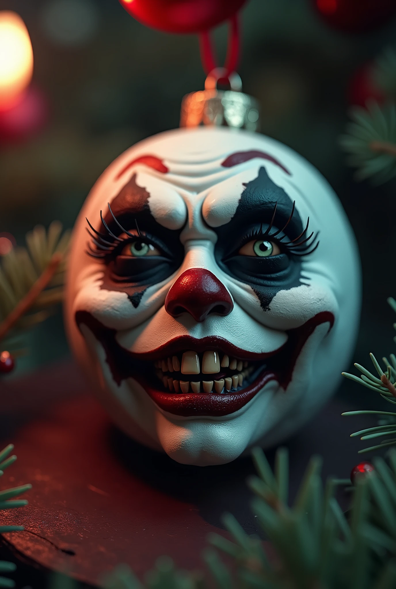 A close up of a christmas ornament with a clown face on it - SeaArt AI