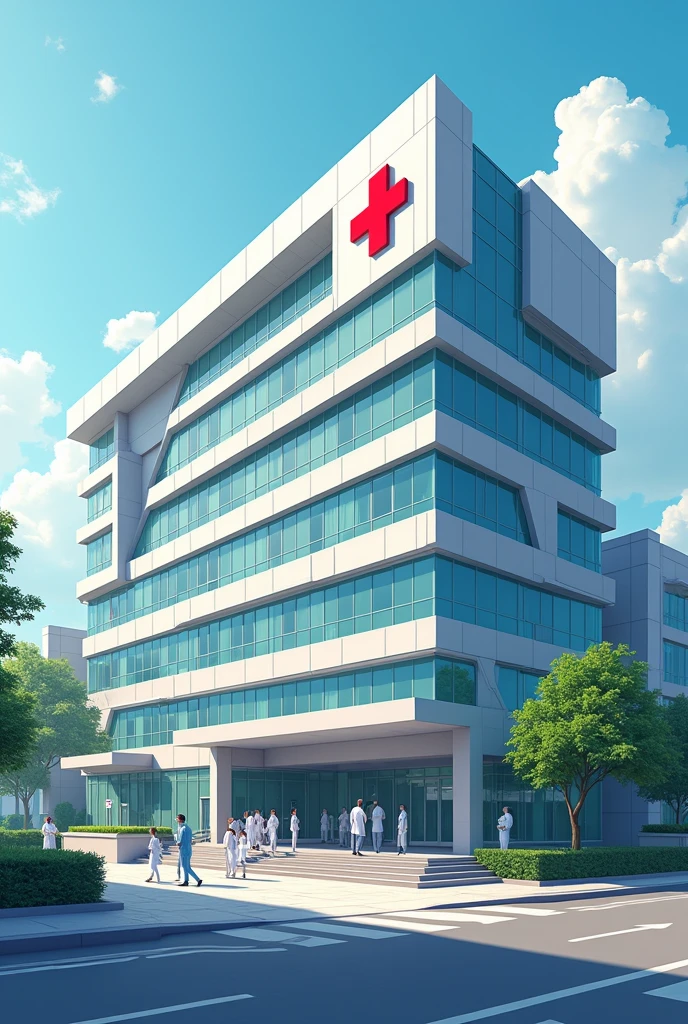 A modern hospital with a red cross visible on the façade Animated ...
